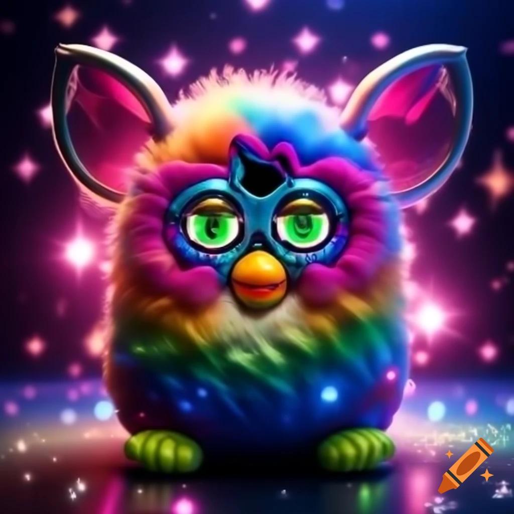Realistic rainbow Furby with pink clouds and sparkling stars on Craiyon