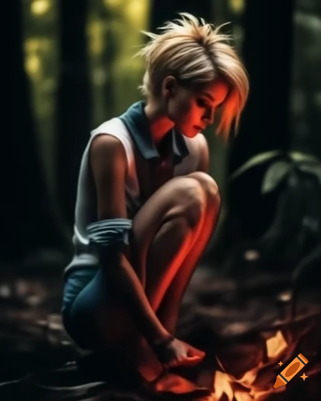 Hyper-realistic portrait of a stylish blonde woman in a torn pullover ...