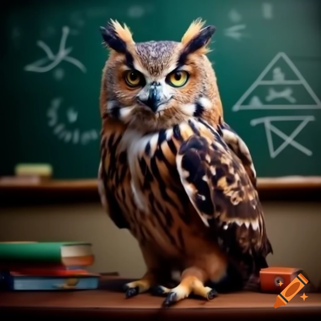 Eurasian eagle-owl gesturing at engineering diagrams near classroom ...