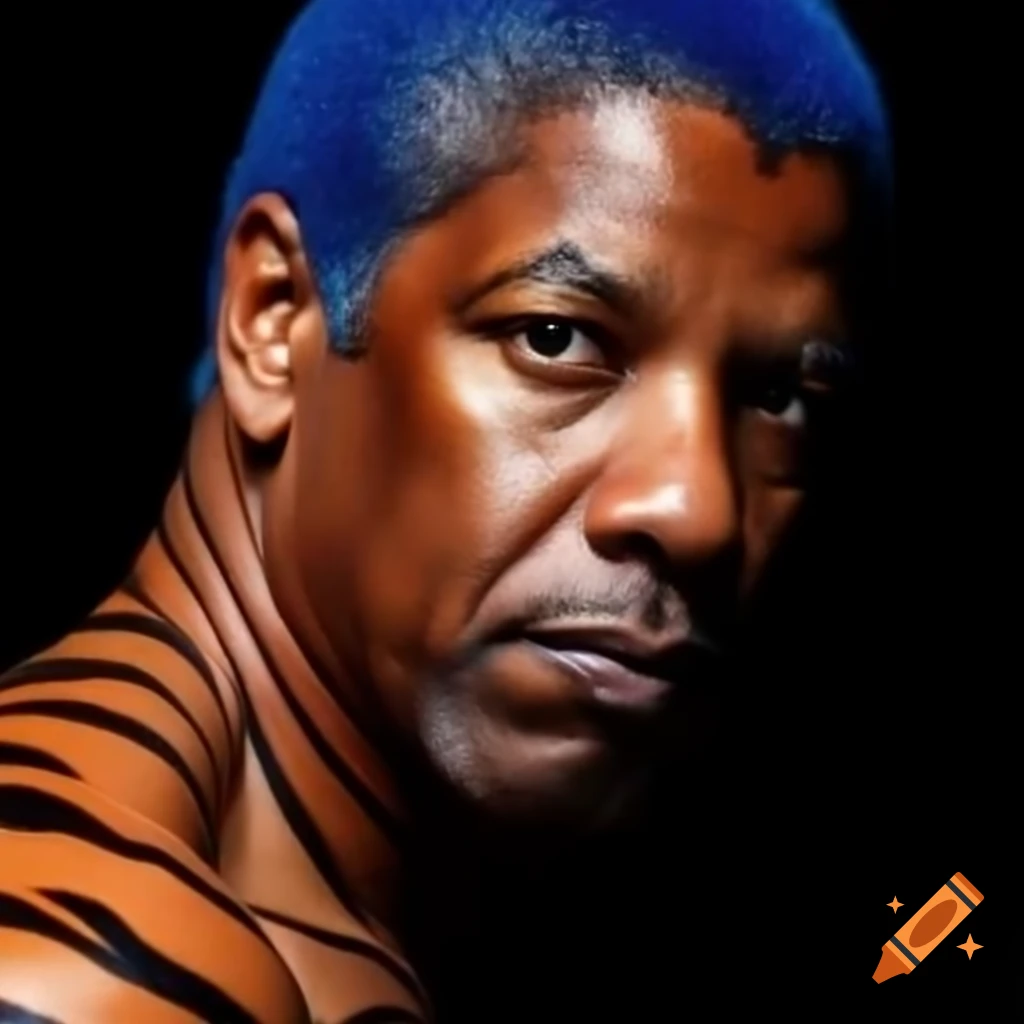 Muscular actor with tiger-style makeup featuring blue hair and orange ...