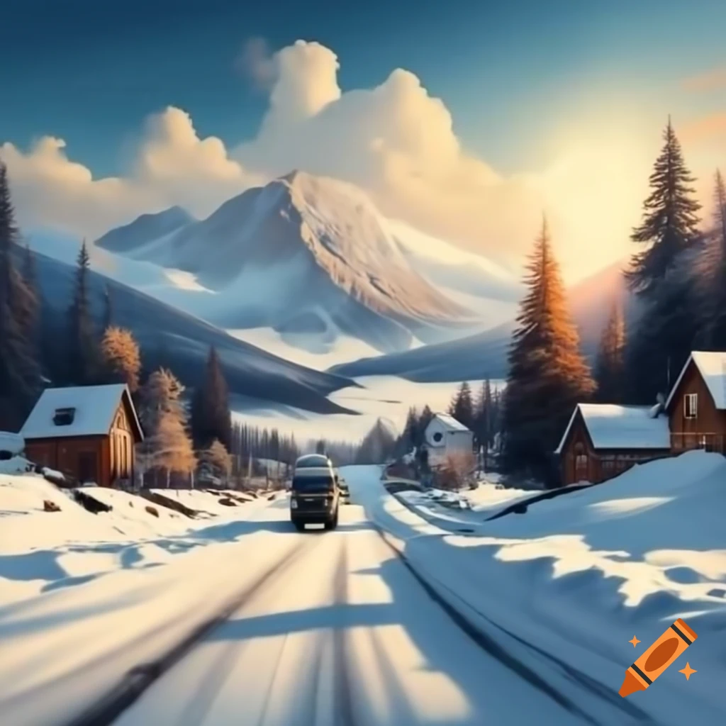 Realistic winter landscape with snow-covered road, trucks, trees ...