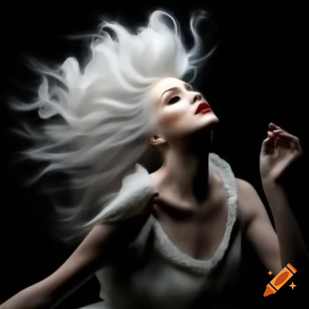 Opera singer with shiny white hair and raised arms, artistic profile on ...