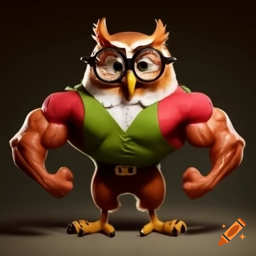 Muscular brown owl with glasses flexing its muscles on Craiyon