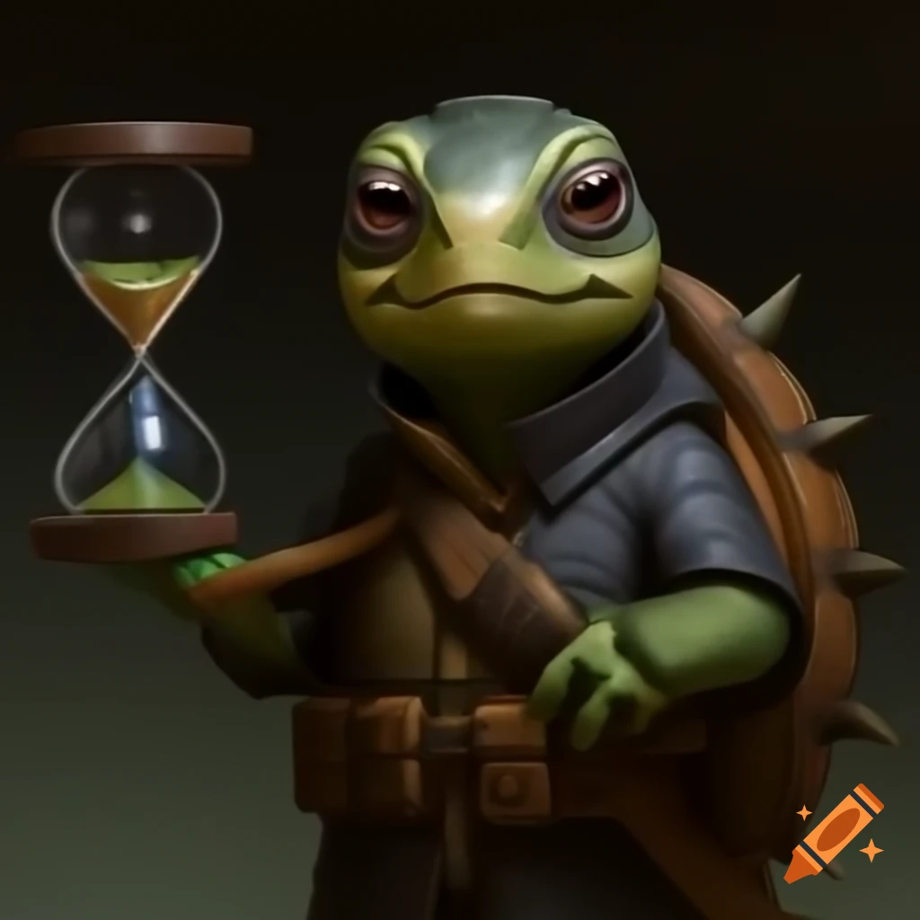 Humanoid turtle in black holding a sword and hourglass on Craiyon