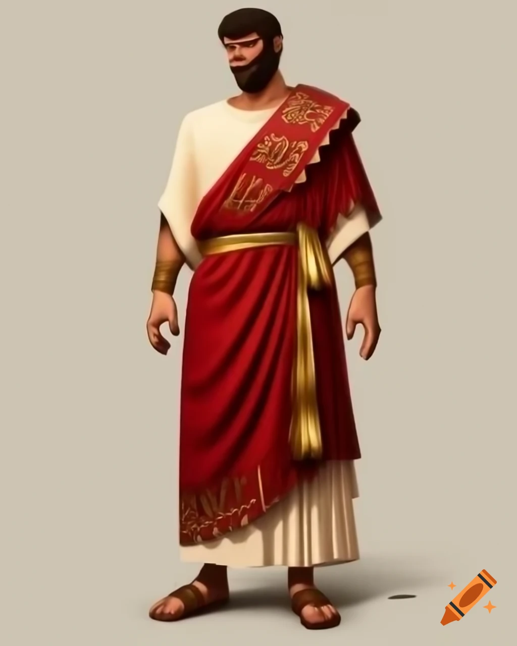 Man in ancient Roman attire with red tunic and cream toga on Craiyon