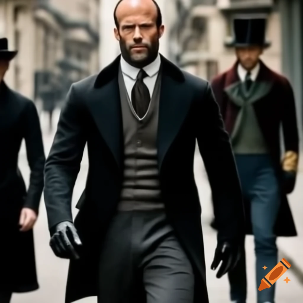 Strong man reminiscent of Jason Statham walking in 19th century Paris ...