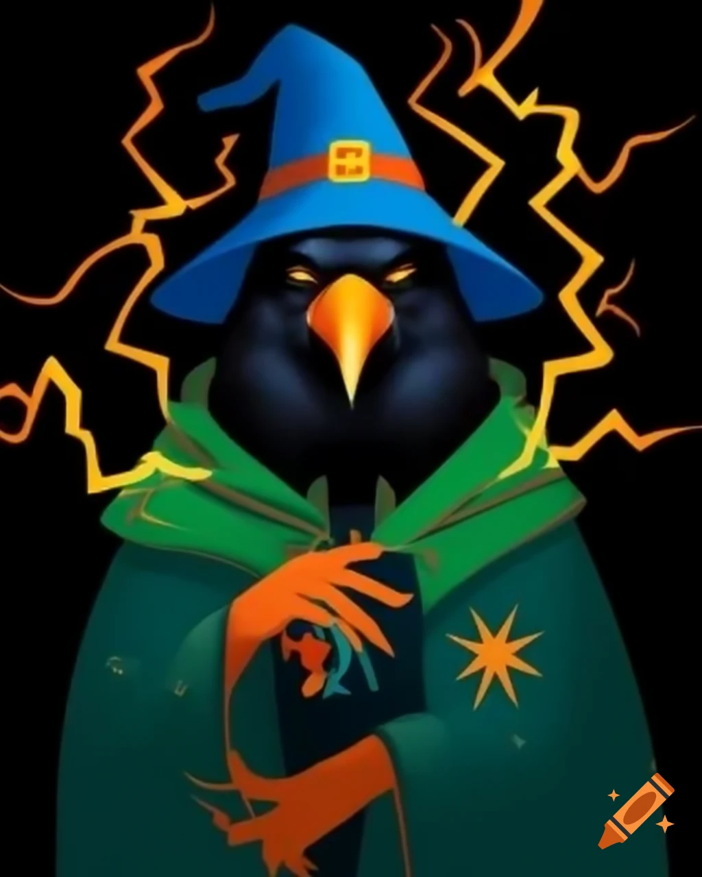Black crow with orange beak in wizard attire holding lightning bolts on ...