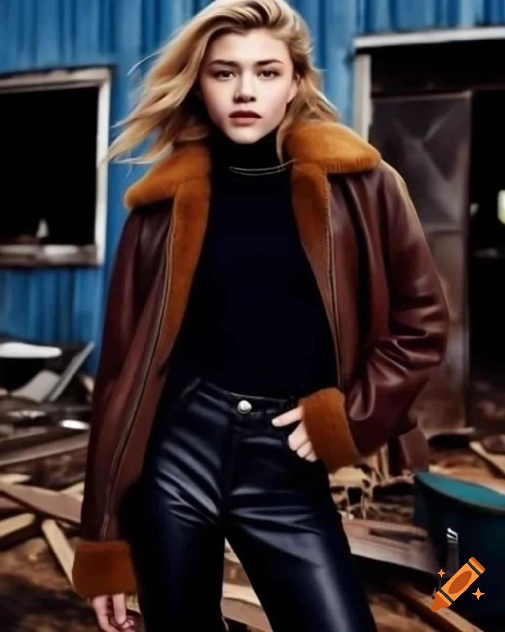 Chloe Grace Moretz in relaxed pose wearing brown shearling bomber ...