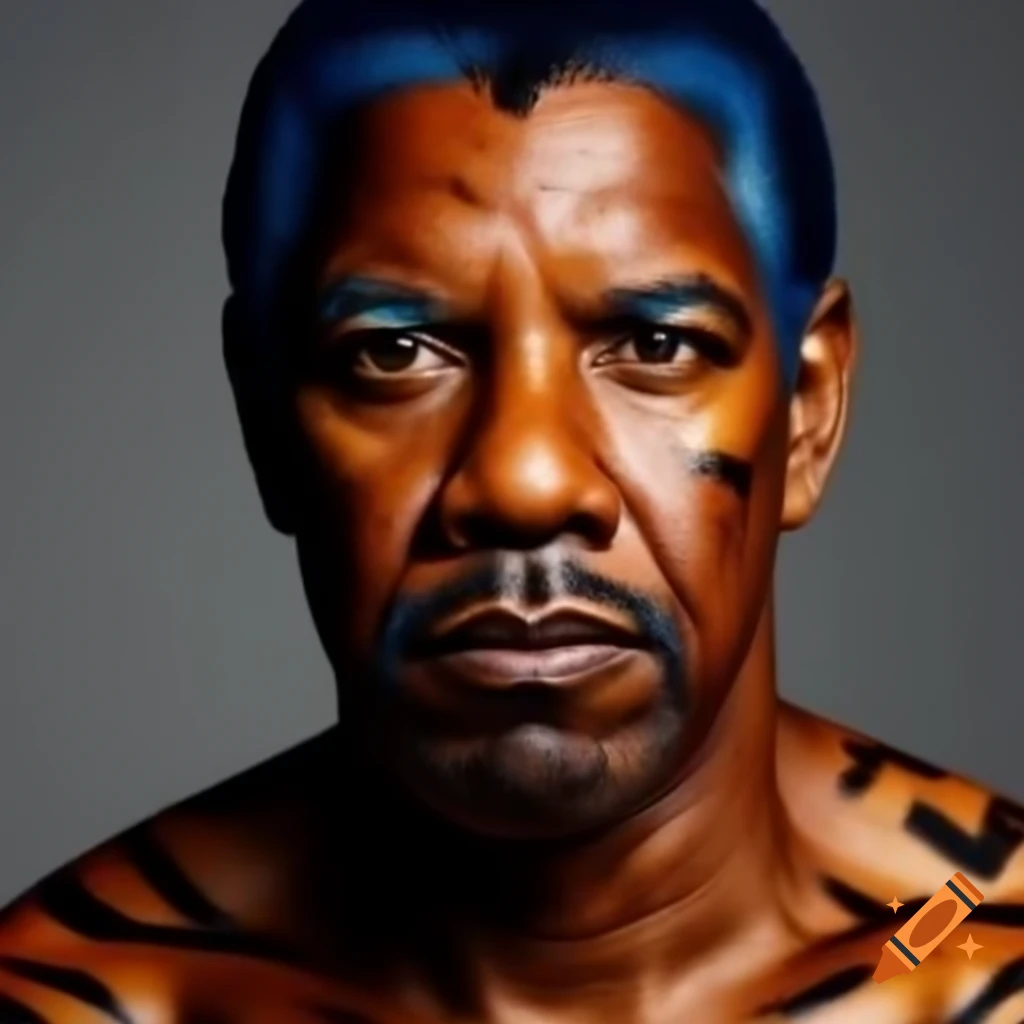 Muscular man resembling Denzel Washington with tiger-style makeup and vivid colors on Craiyon