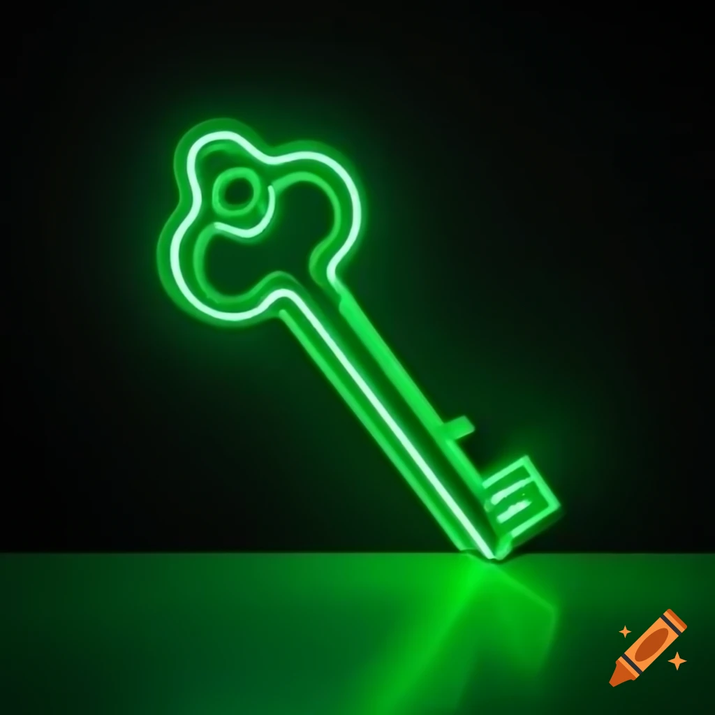 Vibrant green neon key sign against black backdrop for event organizing ...