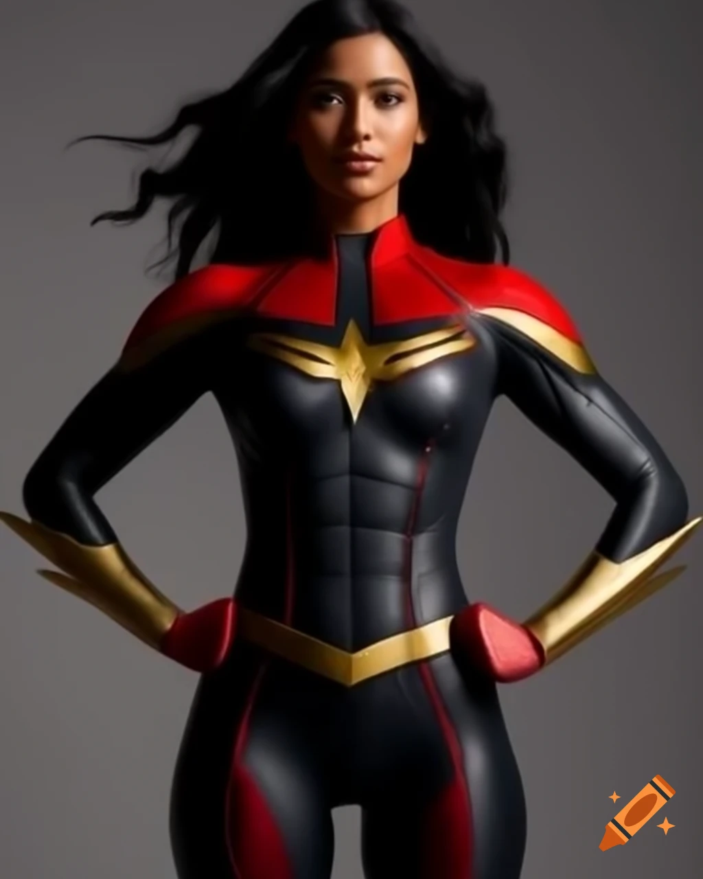 Woman in red and black superhero bodysuit striking a pose on Craiyon