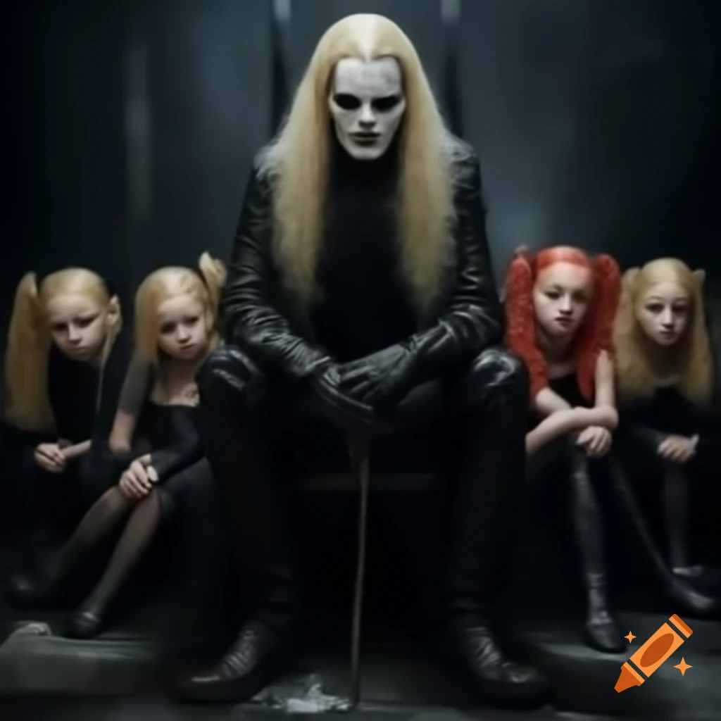 Tall blonde man on throne surrounded by goth girls on Craiyon
