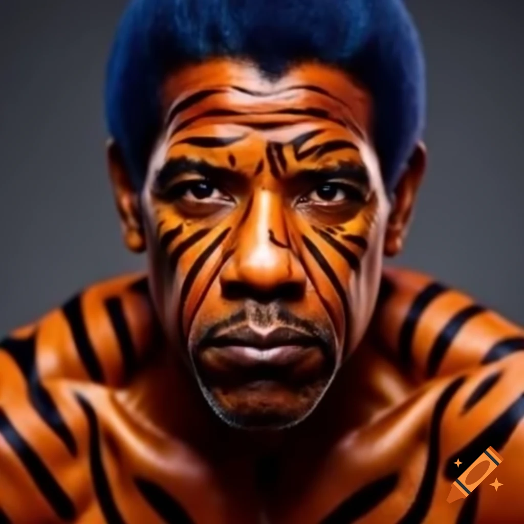 Muscular man with tiger-style makeup featuring blue hair and orange ...