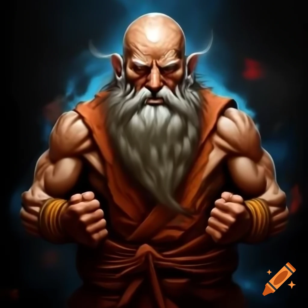 Old bald monk with muscular build exuding a mystic aura in a martial ...