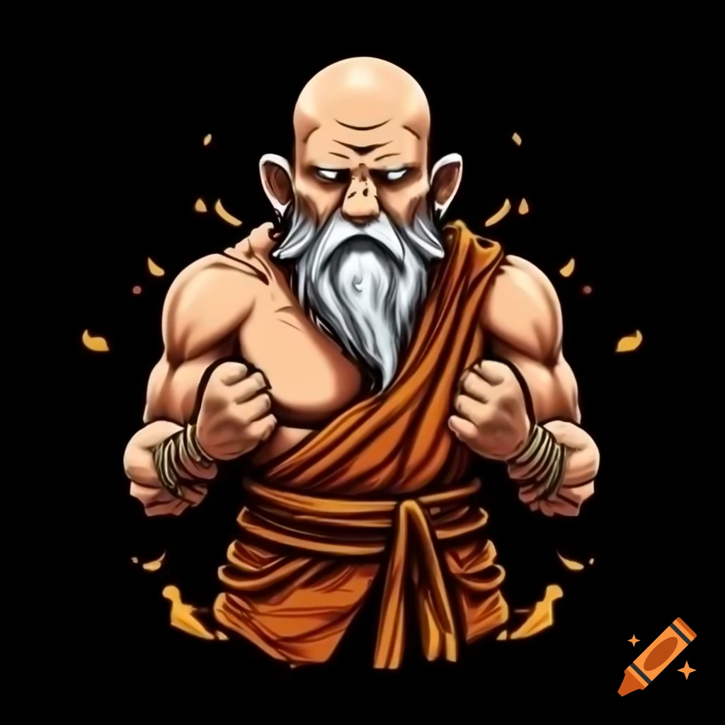 Old bald monk with muscular build exuding a mystic aura in a martial ...