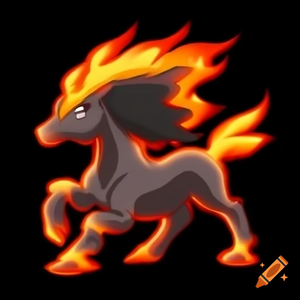 Majestic fire-type Pokémon with flaming mane and tail radiating heat on ...