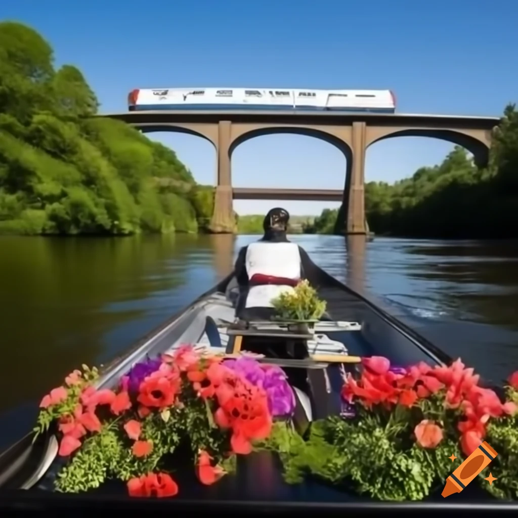 Boatman rowing flower-filled boat under bridge with passing train and ...
