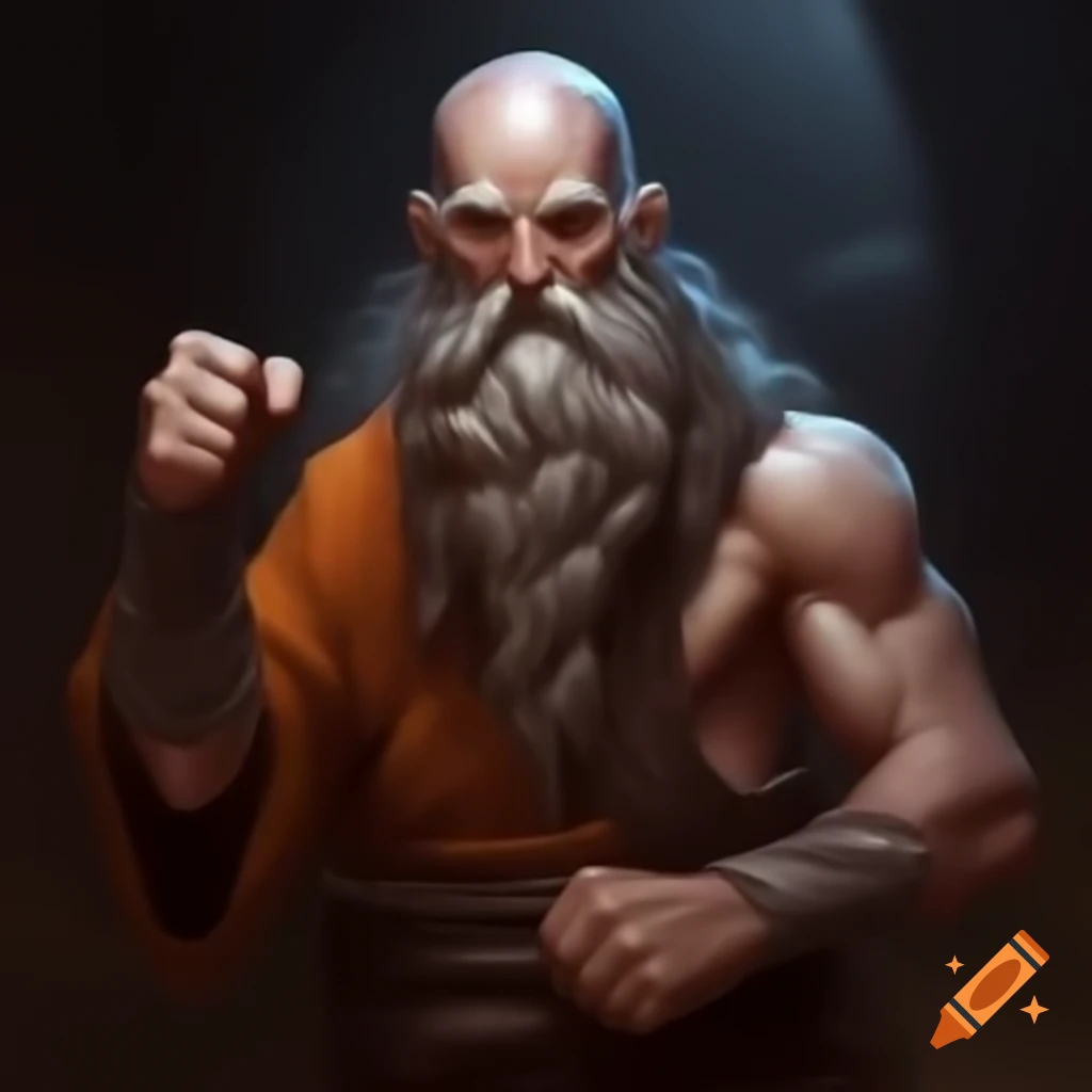 Old wise bald monk with muscular build and mystical aura on Craiyon
