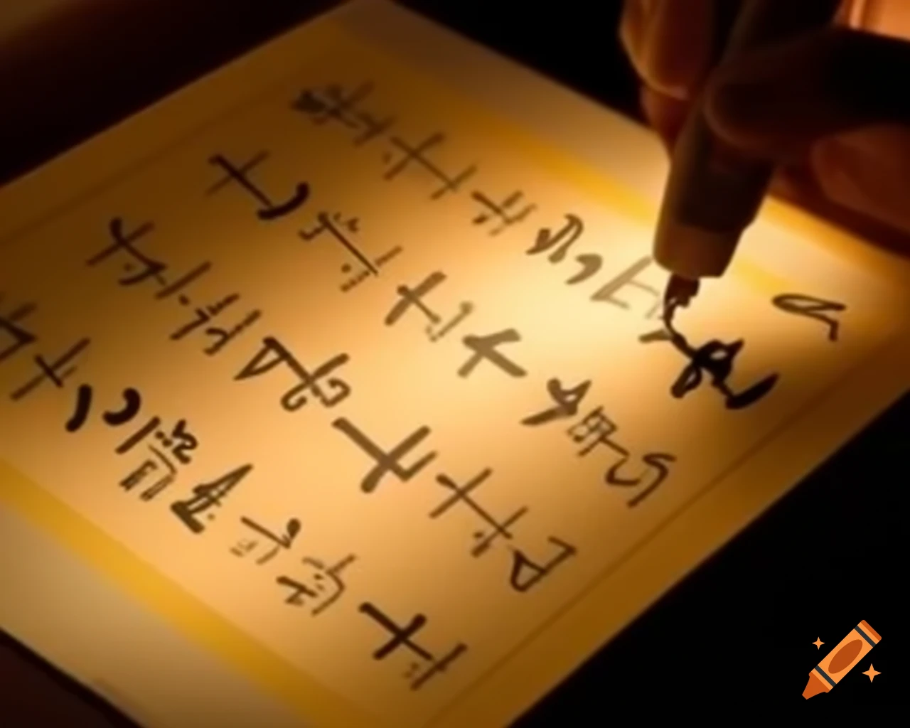 Traditional Japanese calligraphy being written in pastel colors on Craiyon