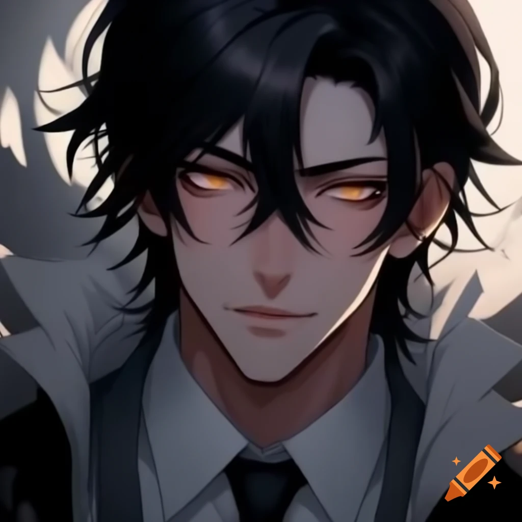 Anime character with dark hair and hazel eyes, tall and lean with sharp ...