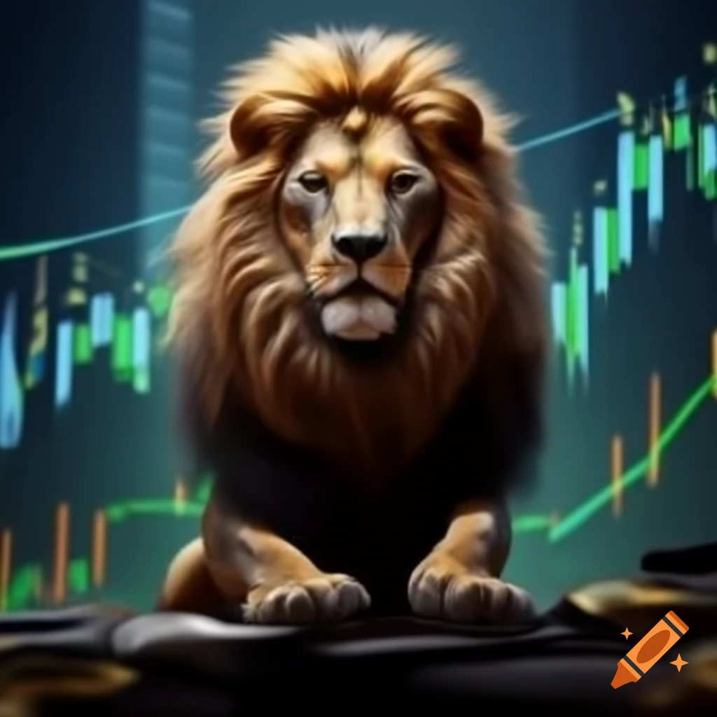 Lion atop cryptocurrency chart symbolizing strength in finance on Craiyon