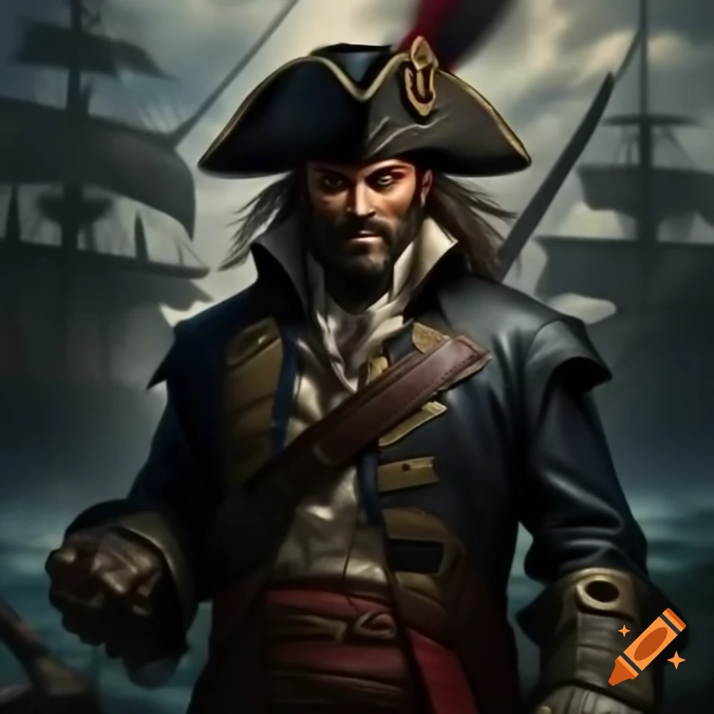 Pirate captain in dark coat with gold trim, exuding authority on Craiyon