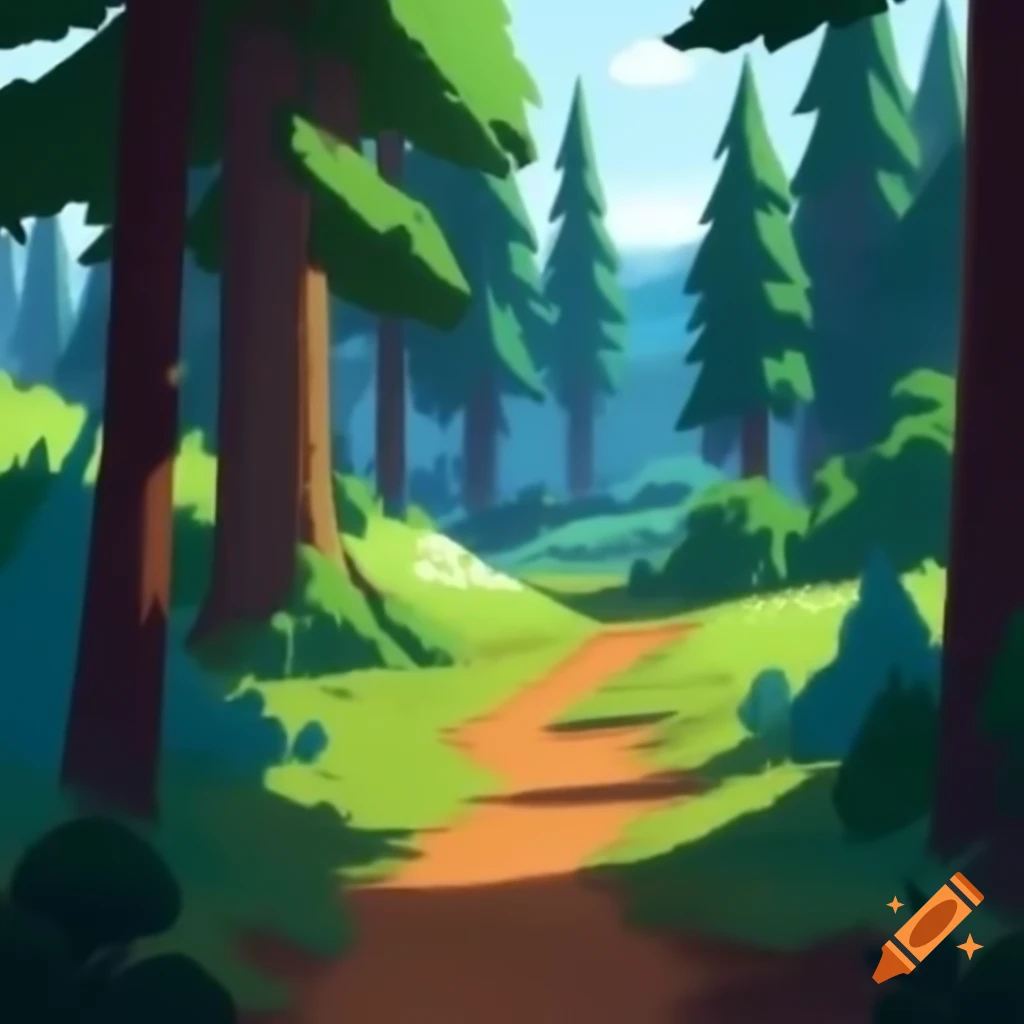 Animated drawing of a dirt path in a forest extending into the distance ...