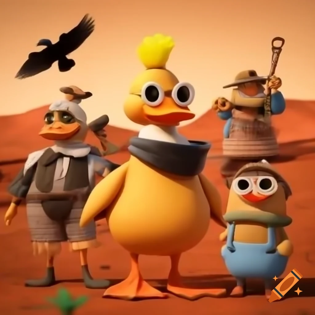 Martian landscape with characters including a duck, raven in sunglasses ...