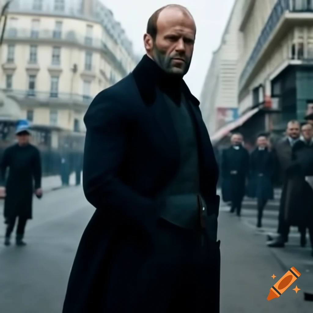 Strong man reminiscent of Jason Statham walking in 19th century Paris ...