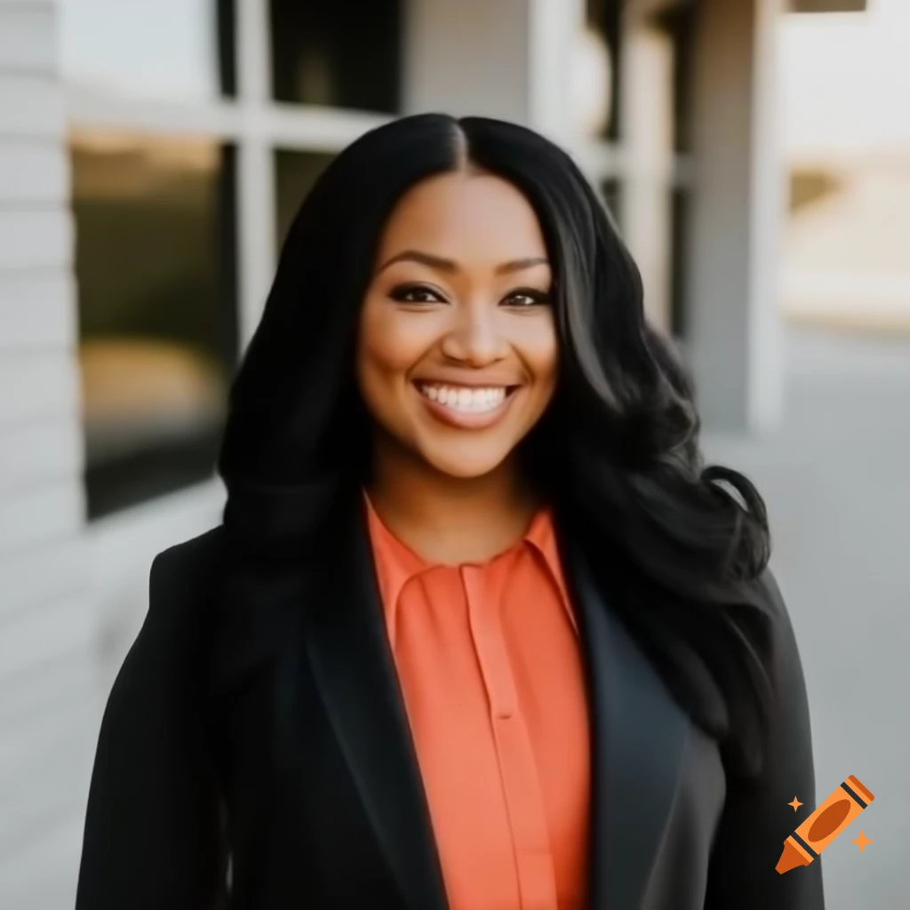 Smiling black female real estate agent in formal attire in front of ...