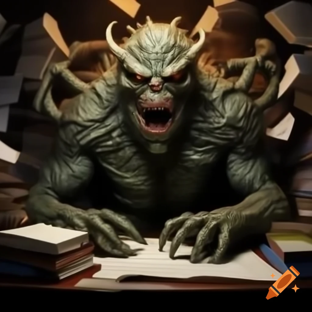 Menacing monster surrounded by piled homework symbolizing ...
