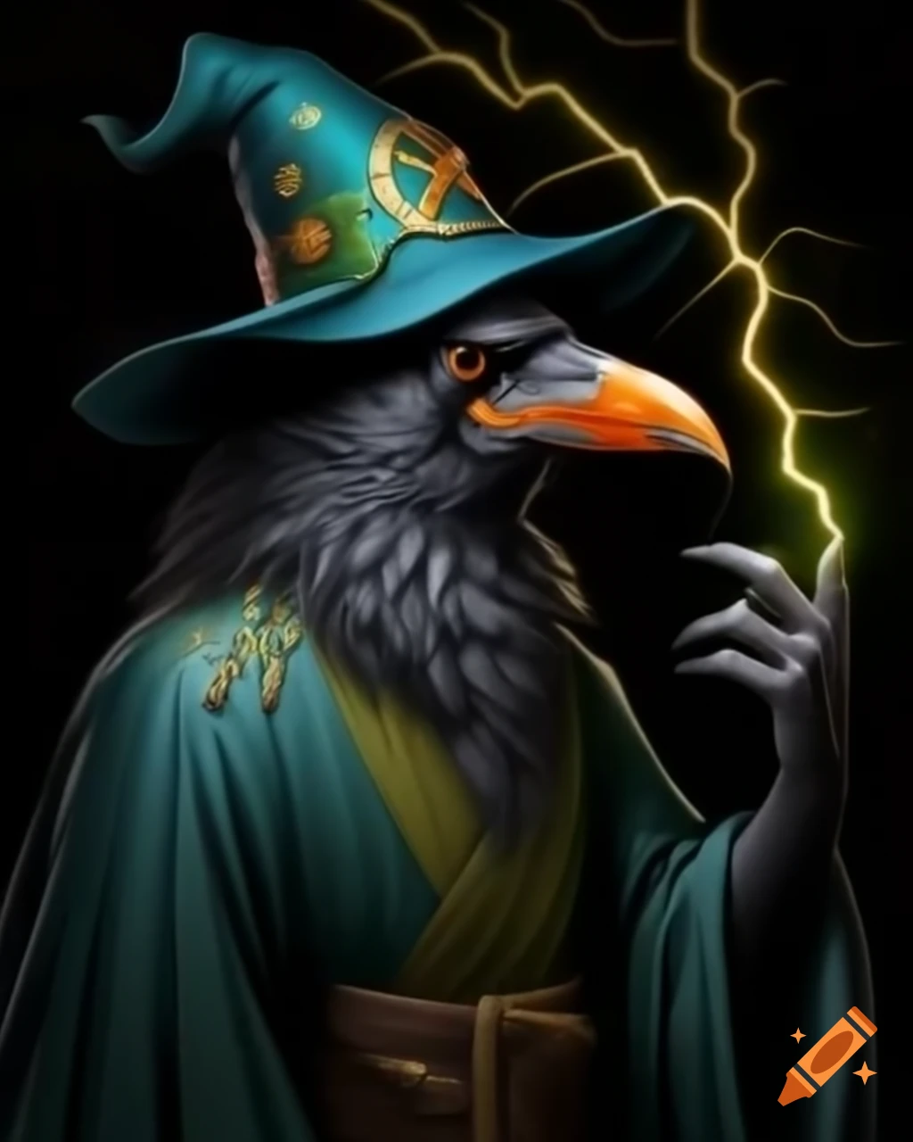 Black crow with orange beak in wizard attire holding lightning bolts on ...
