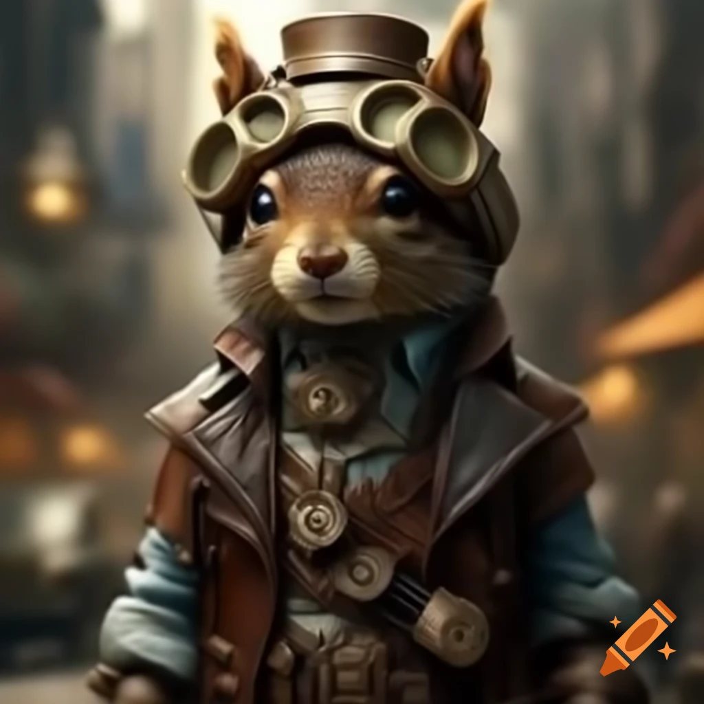 Anthropomorphic steampunk squirrel in turban on busy street on Craiyon