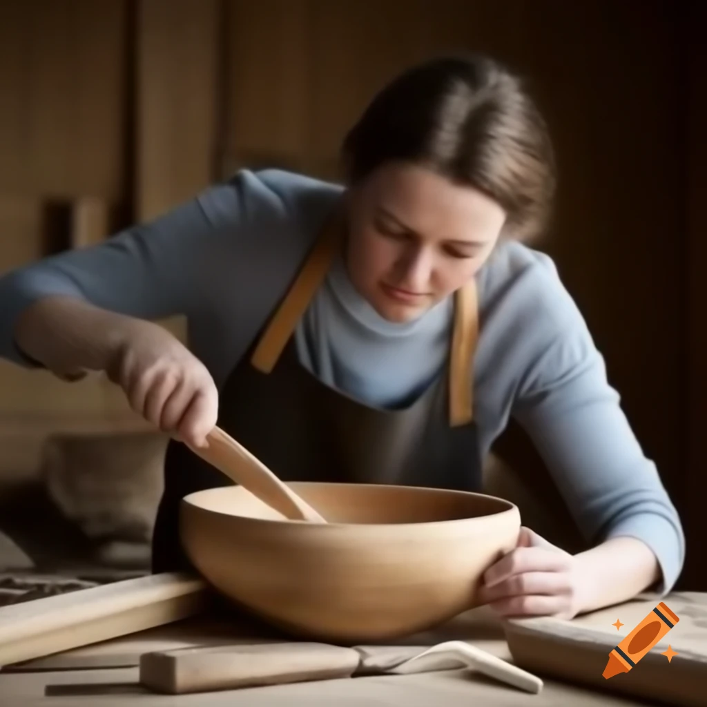 Woman crafting a large wooden bowl with a chisel in carpentry on Craiyon