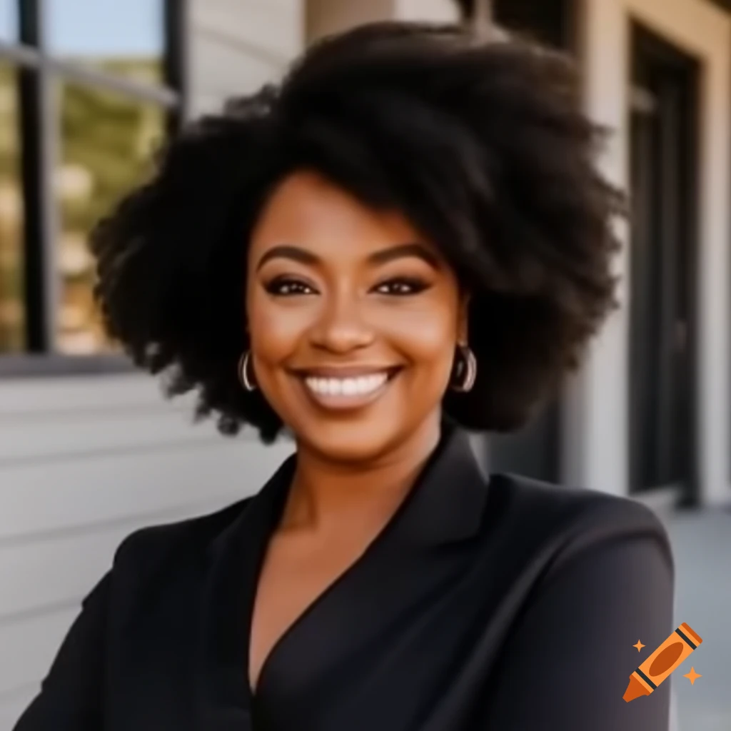 Beautiful Black real estate agent smiling in front of modern building ...