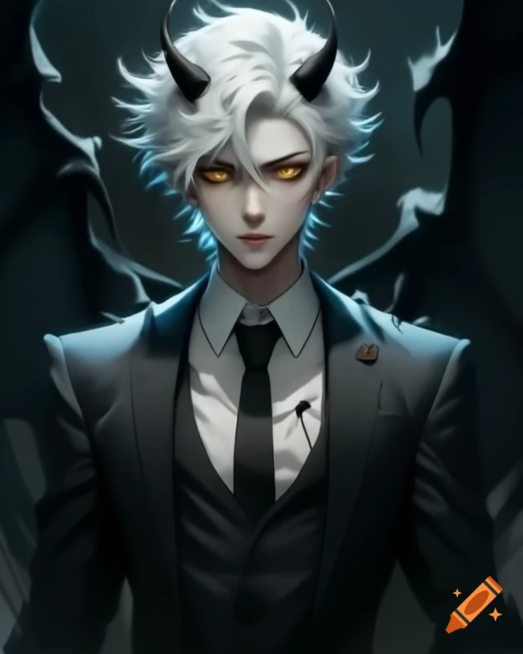 Male devil in suit with black horns and shadowy energy on Craiyon