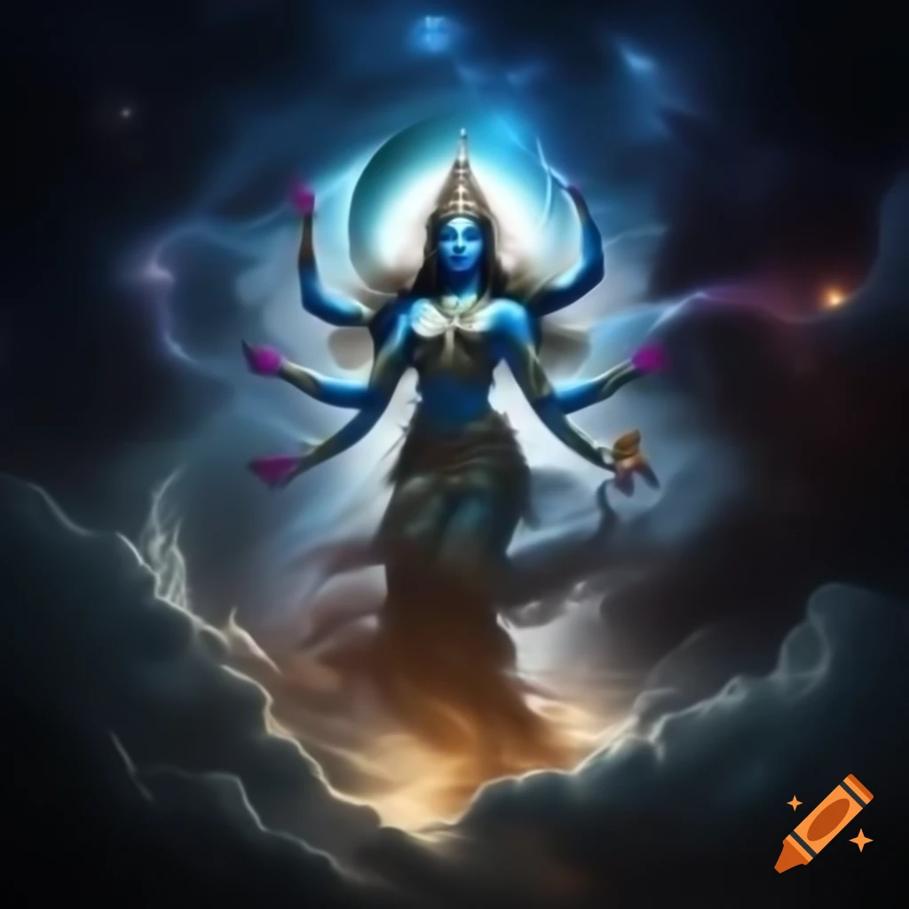Ethereal goddess Maa Shakti merging with celestial waters, surrounded ...