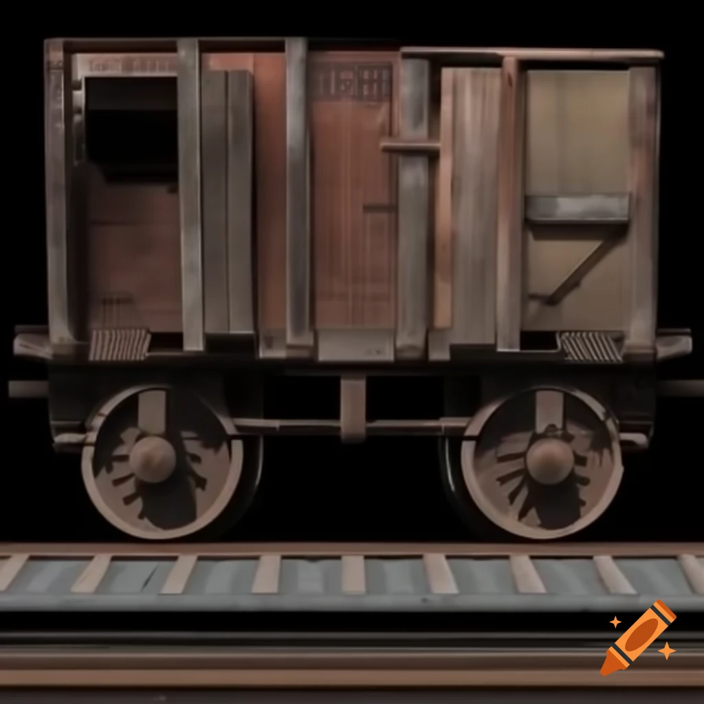 Detailed side profile of old mining rail cart with metal frame and ...