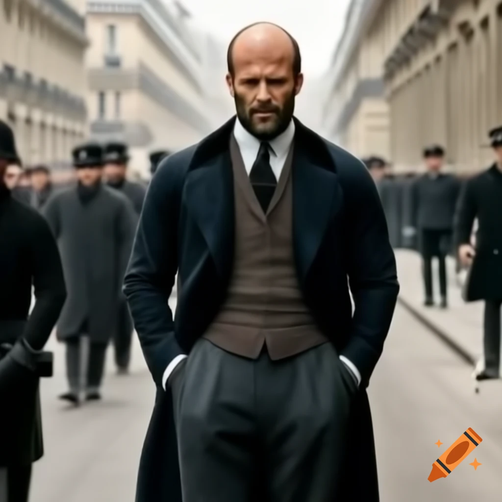 Strong man reminiscent of Jason Statham walking in 19th century Paris ...