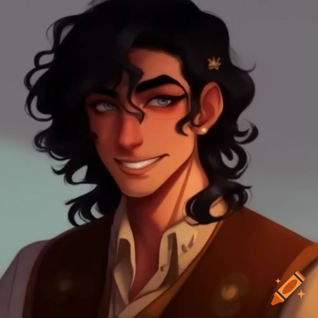 Sun-kissed man with wavy black hair and mischievous smile, wearing ...