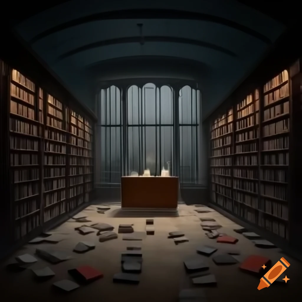 Dimly lit library at night with wooden desk and bookshelves on Craiyon