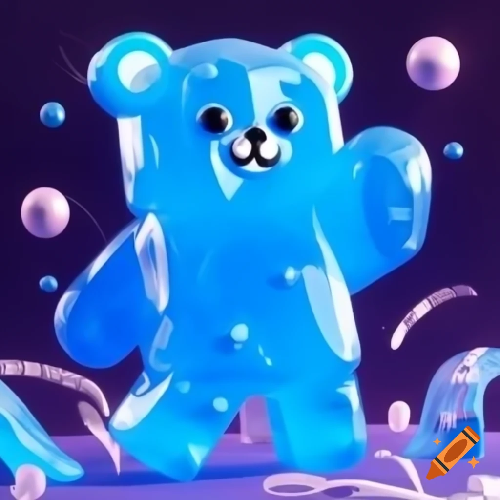 Vibrantly colored cartoon blue gummy bear with expressive eyes in anime ...