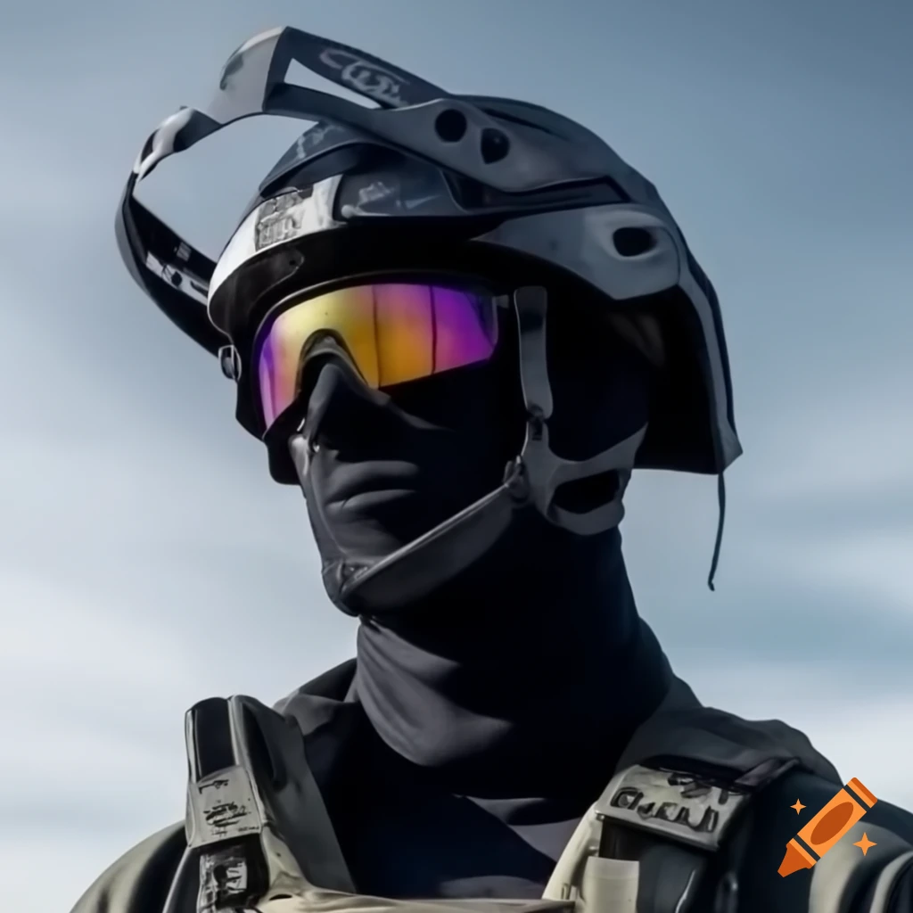 Man in tactical black clothing and helmet in sunny urban setting behind ...