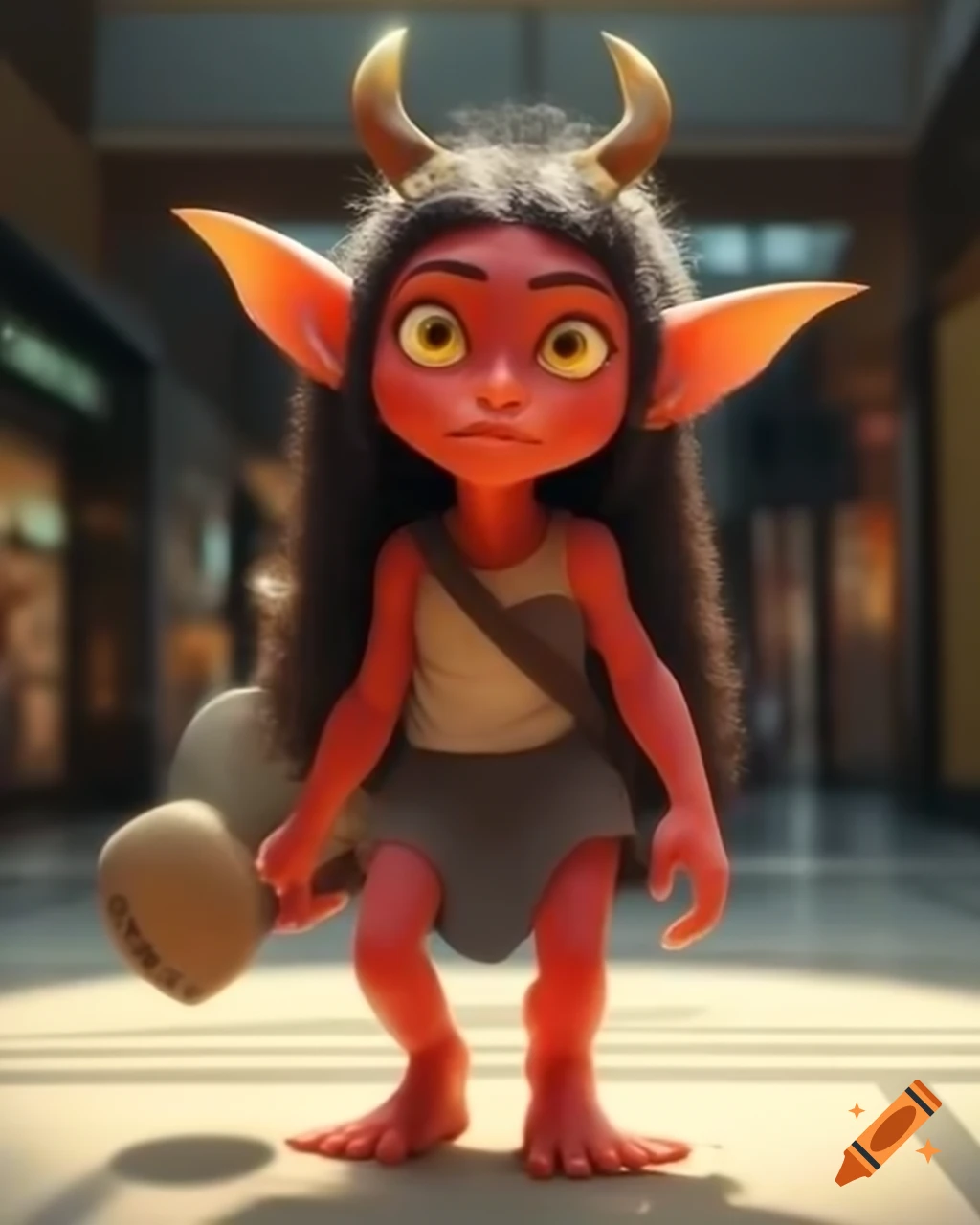 Anime character with red skin, goblin ears and horns walking in a mall ...