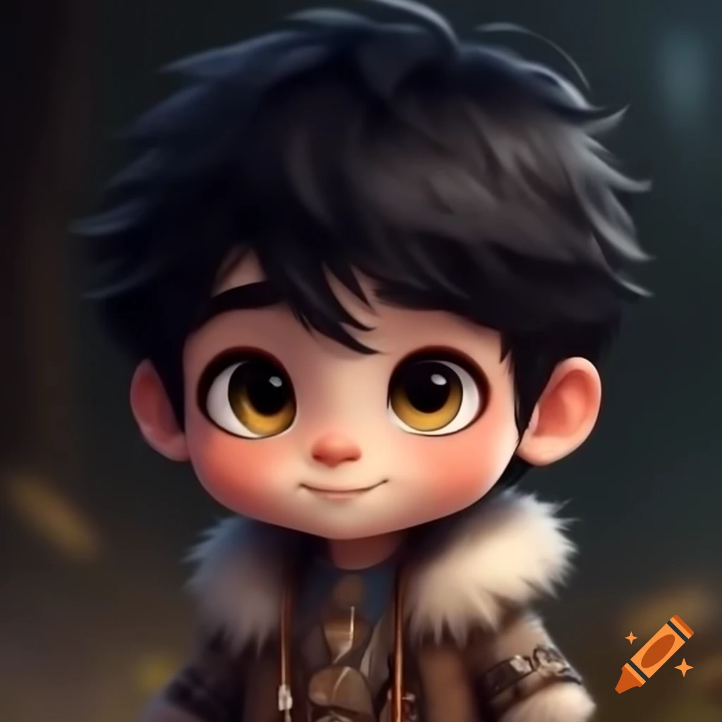 Chibi boy with messy black hair wearing fur-native clothing on Craiyon