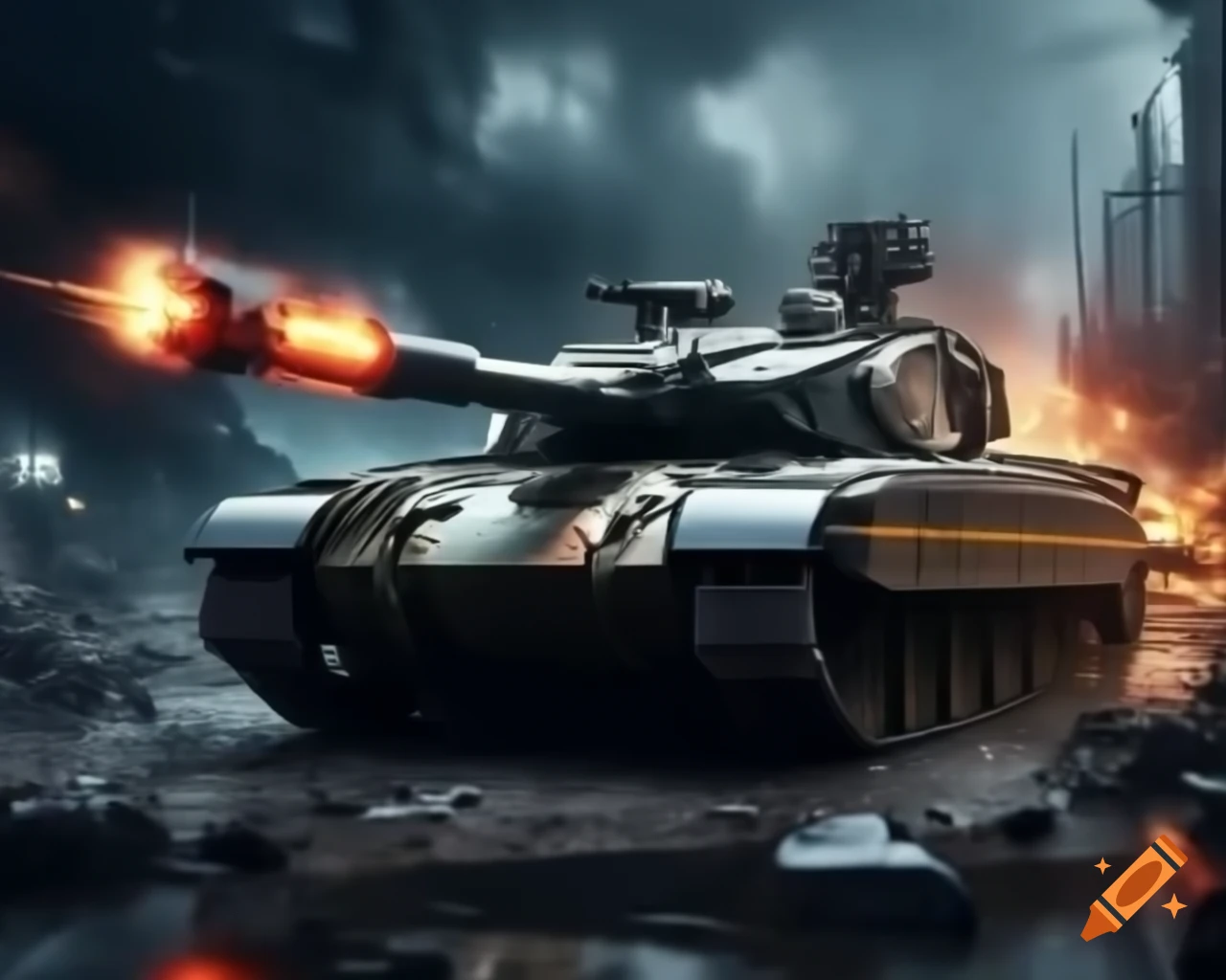 Main battle tank with electromagnetic gun in cyberpunk battlefield on ...