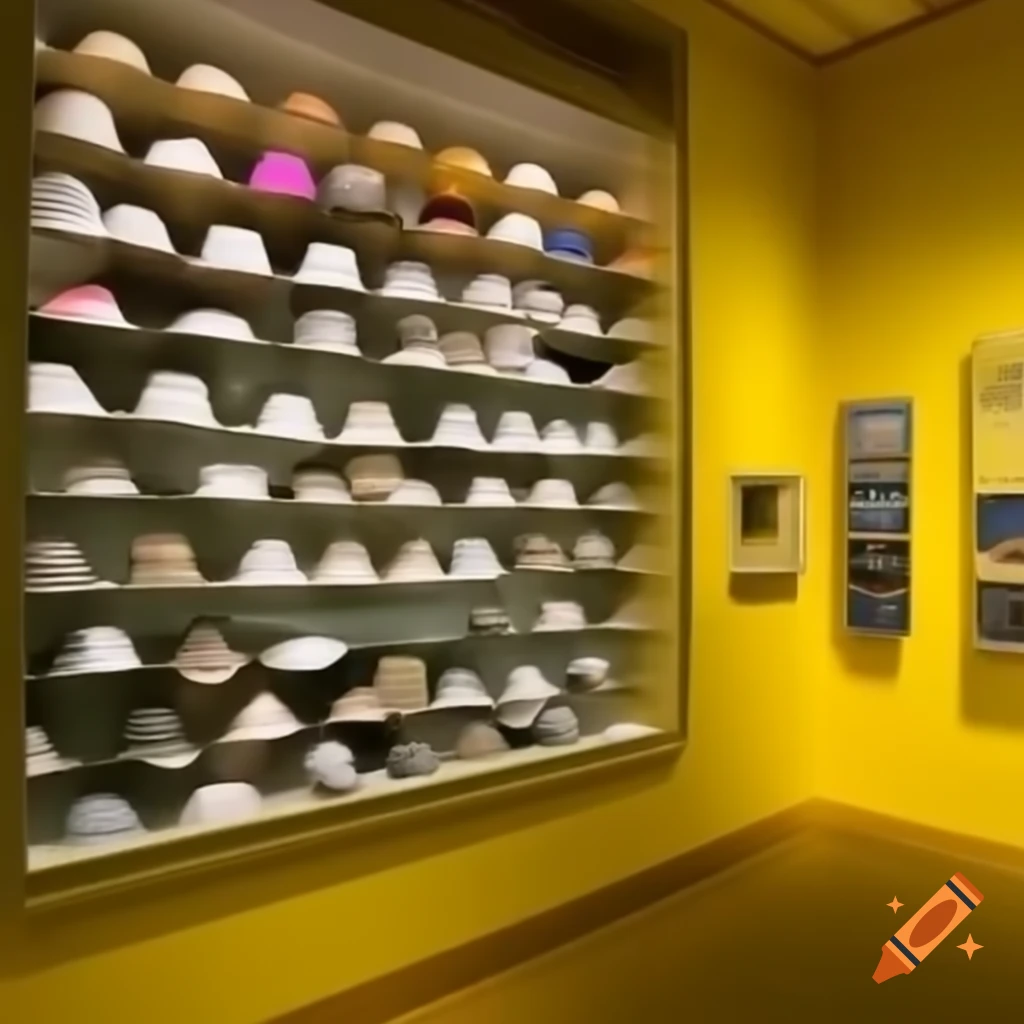 Colorful museum displaying various police hats on pale yellow walls on ...