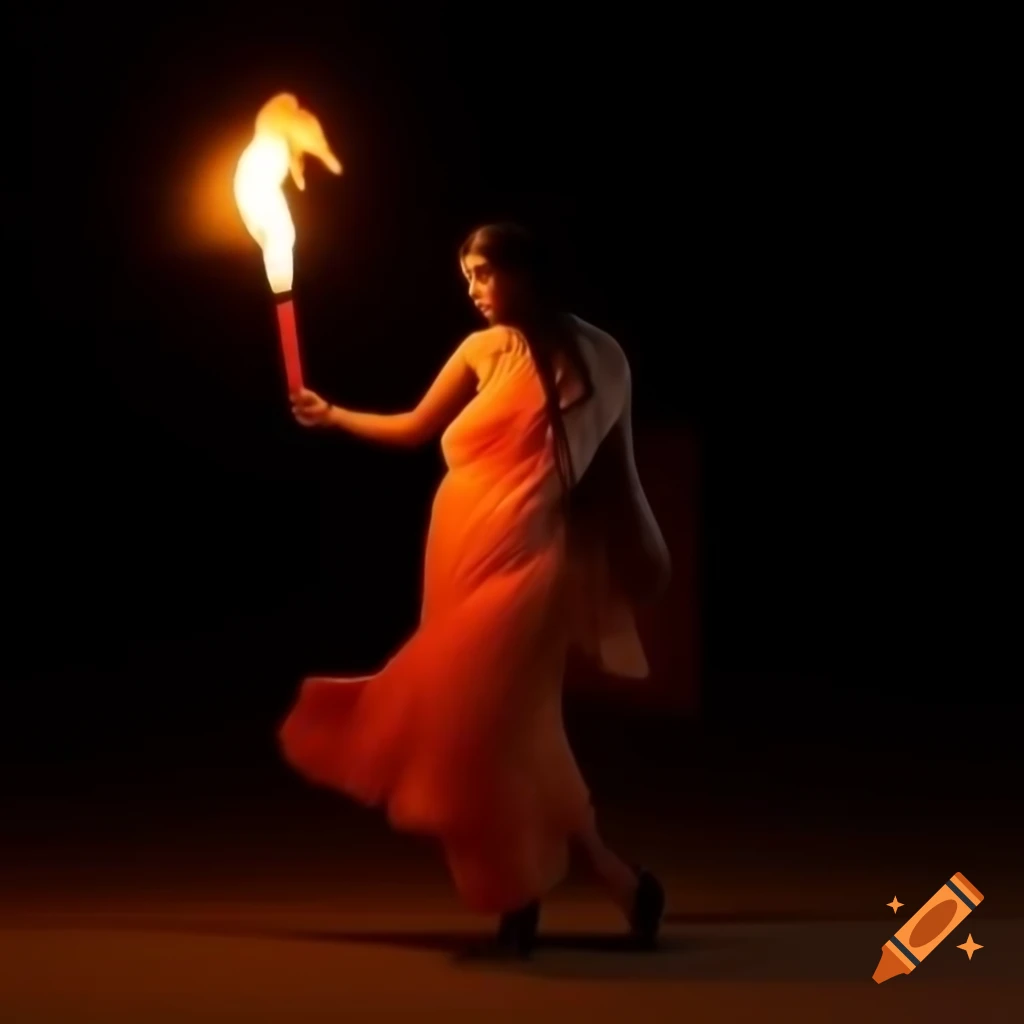 Flickering orange and red flame torch against dark smoky sky on Craiyon