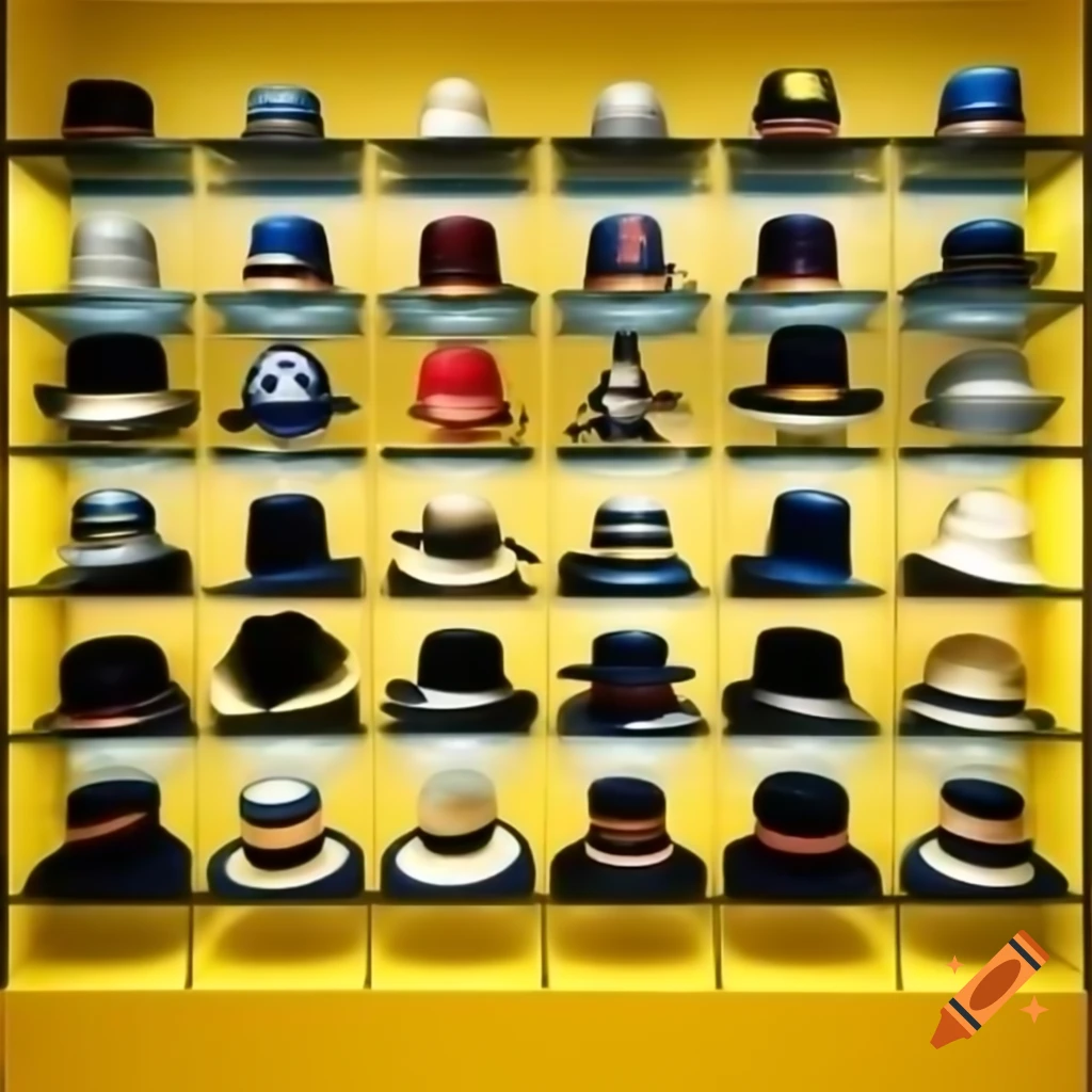 Colorful museum displaying various police hats on pale yellow walls on ...