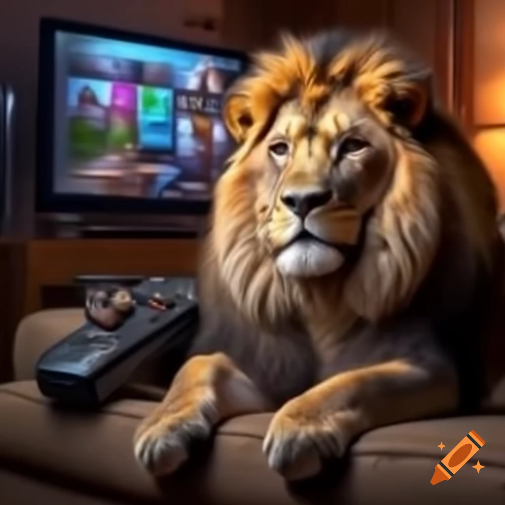 Majestic lion relaxing on couch with remote in paw on Craiyon